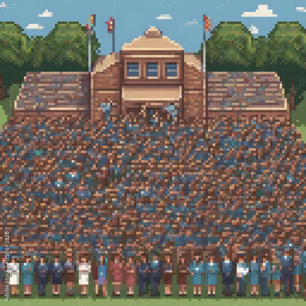 Pixel art image depicts large crowd gathered outside building mix ...