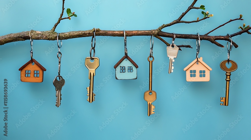 Miniature houses and keys hang from a tree branch against a light blue ...