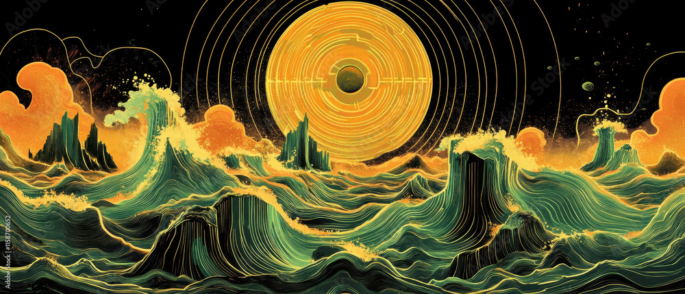 Vector cartoon illustration of underwater sonar waves with radiating ...