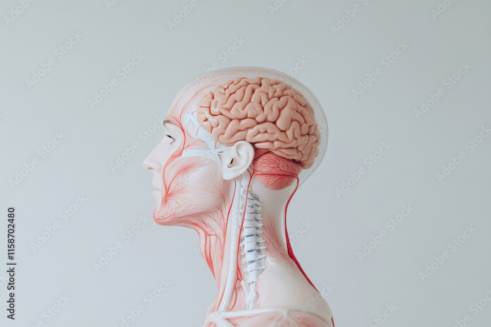 Human anatomy model showing brain, muscles, and spinal cord Stock Photo ...