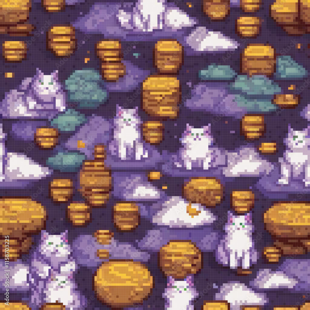 Pixel art image features various white cats sitting different objects ...