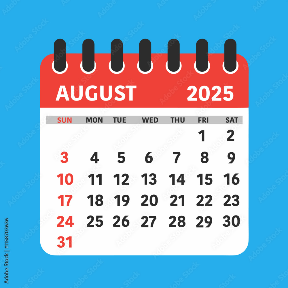 August 2025 Calendar Leaf. This flat-style calendar features a modern ...