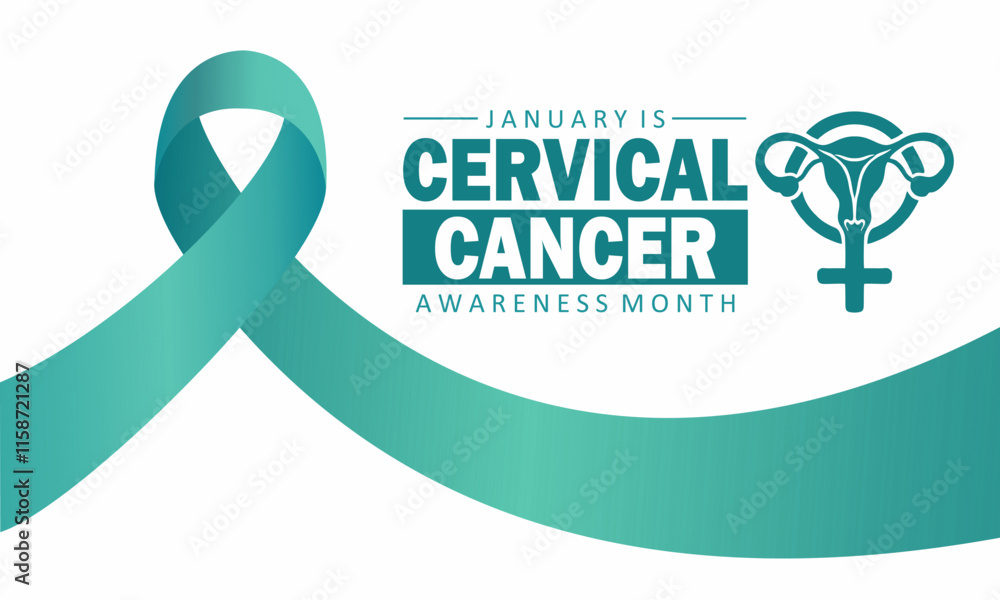 Horizontal banner for Cervical Cancer Awareness Month. Teal ribbon ...