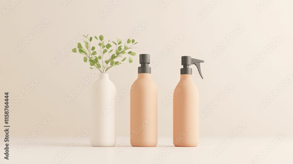 3d minimalist body mist spray bottle design with greenery studio setup ...
