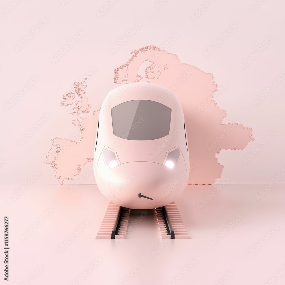3d train crossing a map of europe in clean pastel design digital modern ...