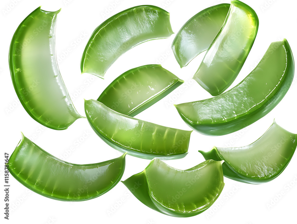 Cut aloe vera pieces with clear, gel-like texture and vibrant green ...