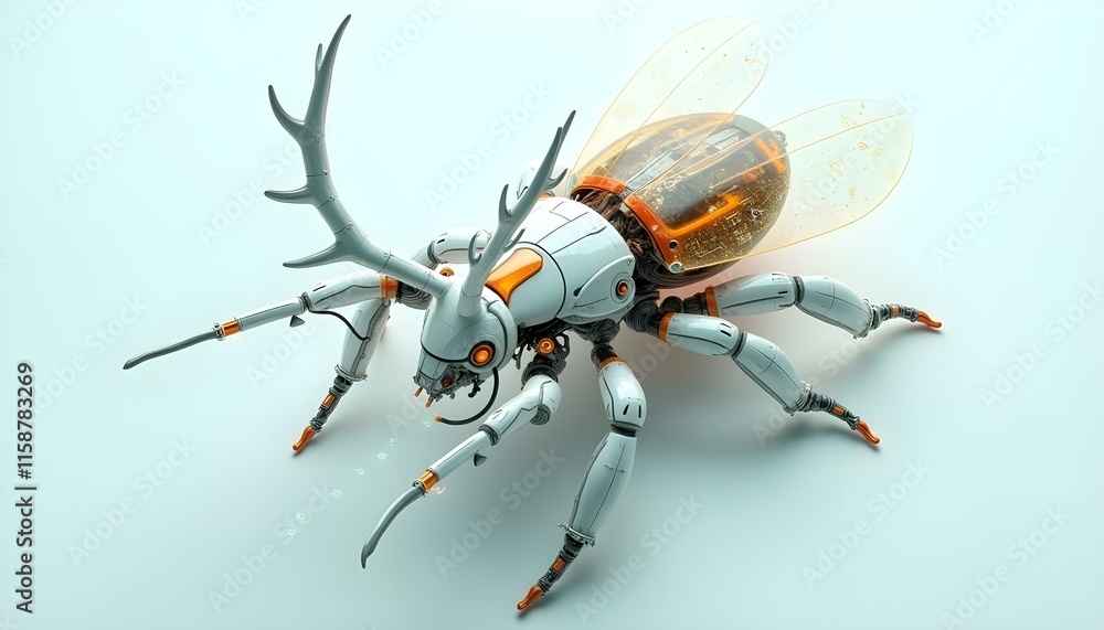 Top-down view of a cyberpunk robotic stag beetle on a clean, bright ...