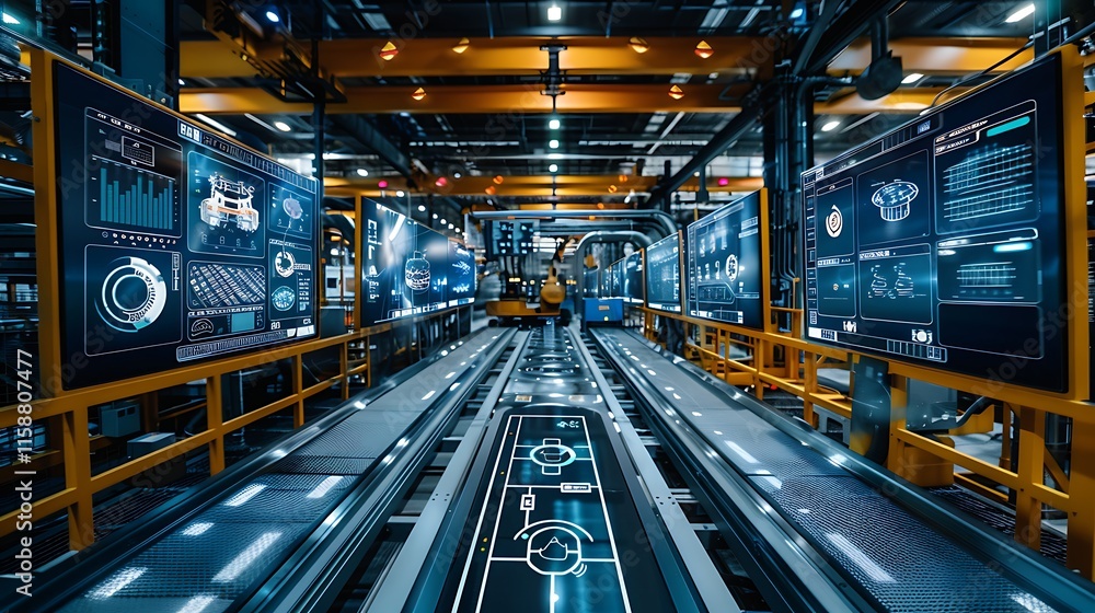 Advanced industrial facility with digital displays showing data and ...