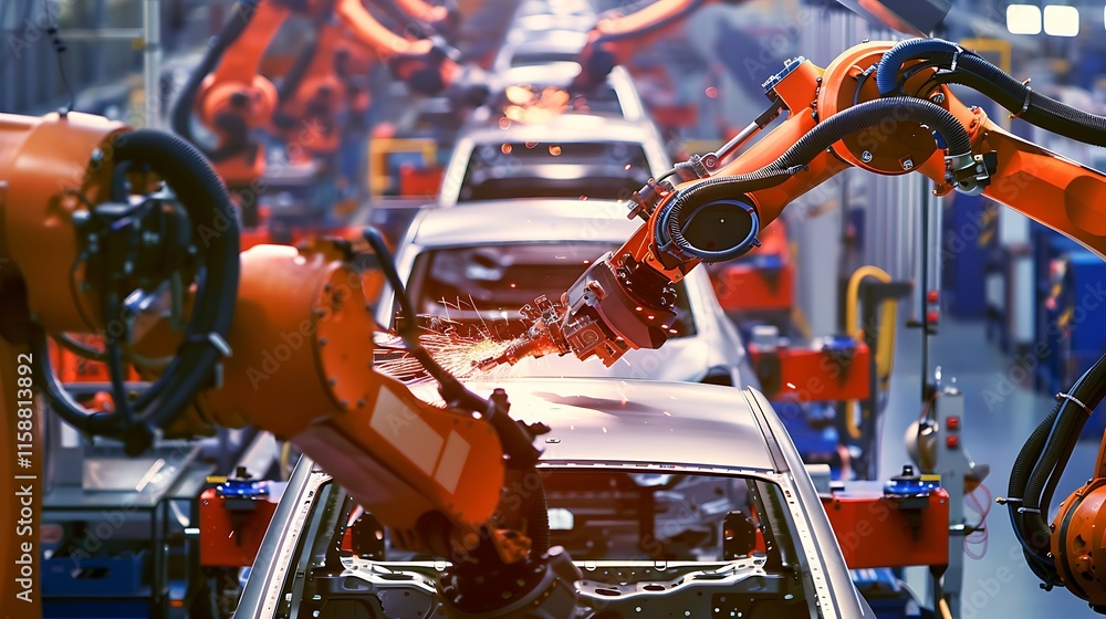 Automated robotic arms work on car bodies in a factory assembly line. Focus on industrial ...