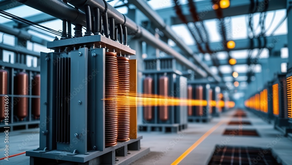 High-Voltage Transformer Station with Copper Coils and Power Lines ...