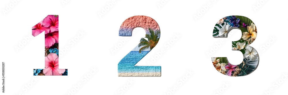 Numbers 1, 2 and 3 made with tropical floral motifs. Evoking ...