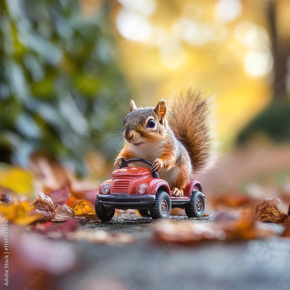 Adorable squirrel driving a tiny red car amidst autumn leaves. Stock ...