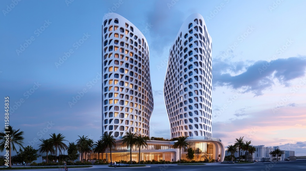 A modern architectural design featuring two twisting towers with unique ...