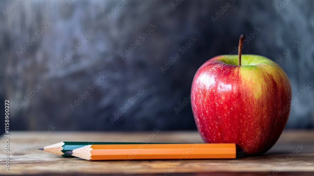 Red apple and pencils resting on desk in front of chalkboard for ...