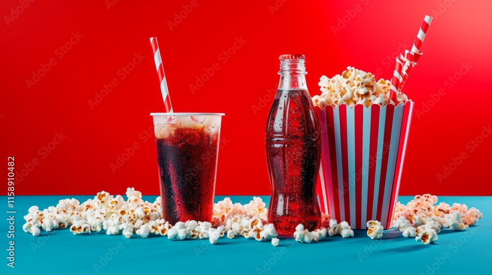 Tasty popcorn in buckets and cold cola drinks with cinema tickets ...