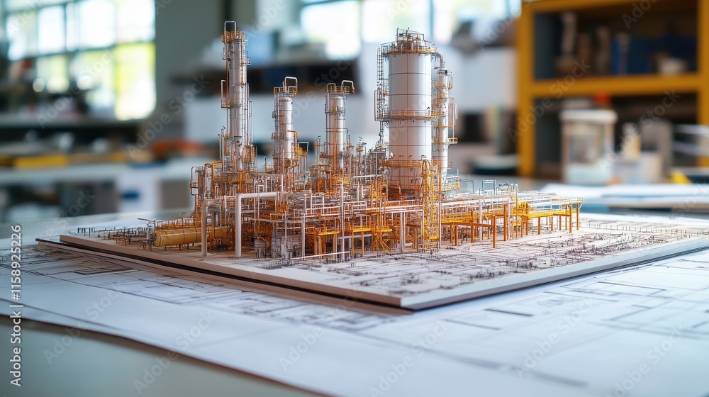 Detailed model of an oil refinery on blueprints. Illustrates industrial ...