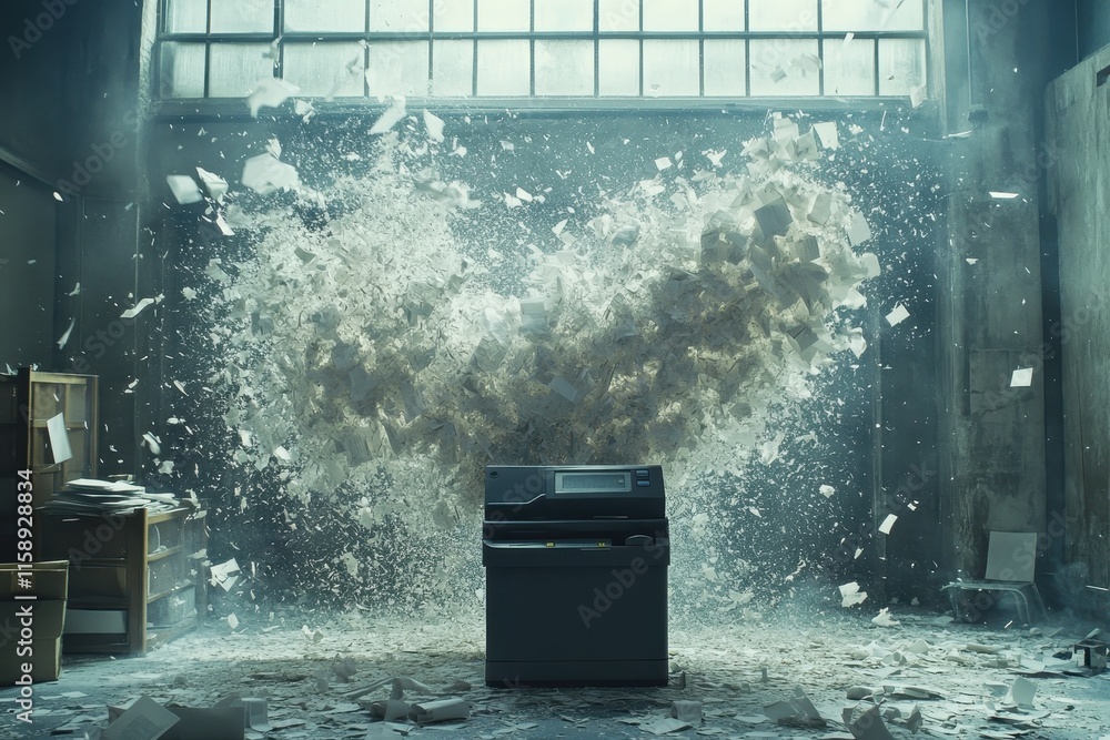 Printer explodes, paper flies everywhere. Illustrates high-volume ...