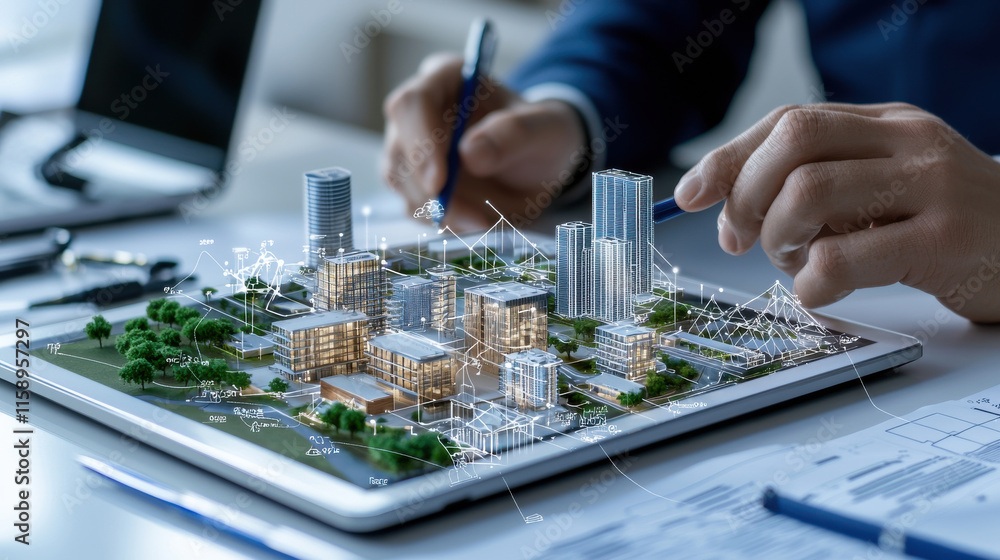 professional architect presenting sustainable building designs on tablet, showcasing detailed ...