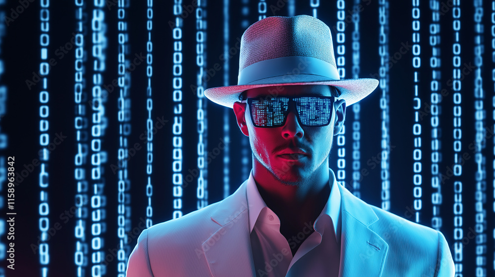 White hat hacker in a white suit and fedora, wearing digital-themed ...