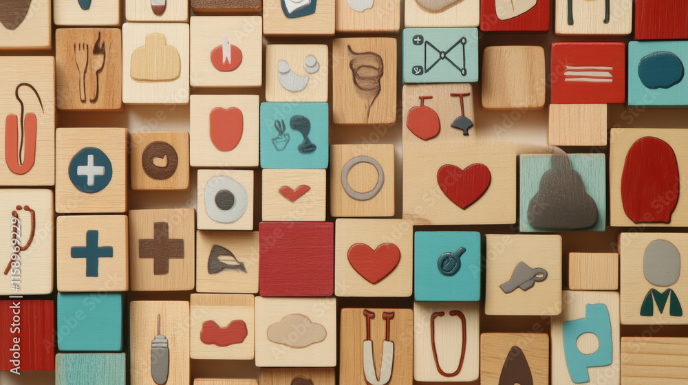 dynamic arrangement of wooden blocks featuring health symbols ...