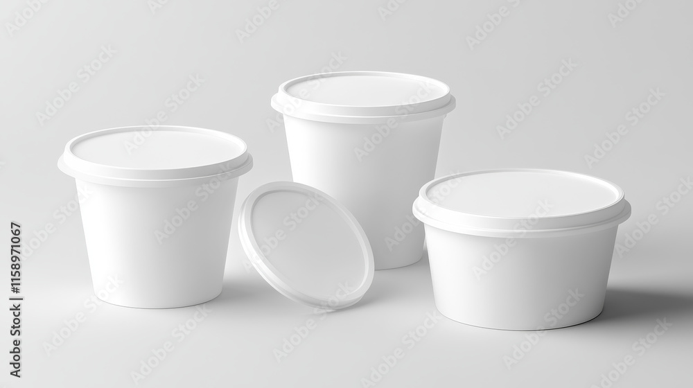 Plastic yogurt container mockup set. Sour cream package with lid top ...