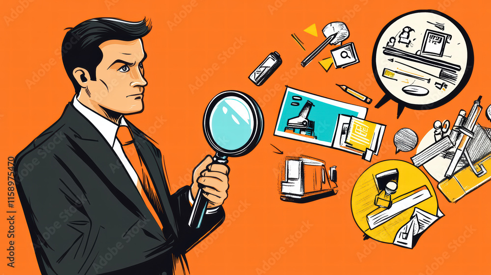 Businessman holding magnifying glass, inspecting work safety elements ...