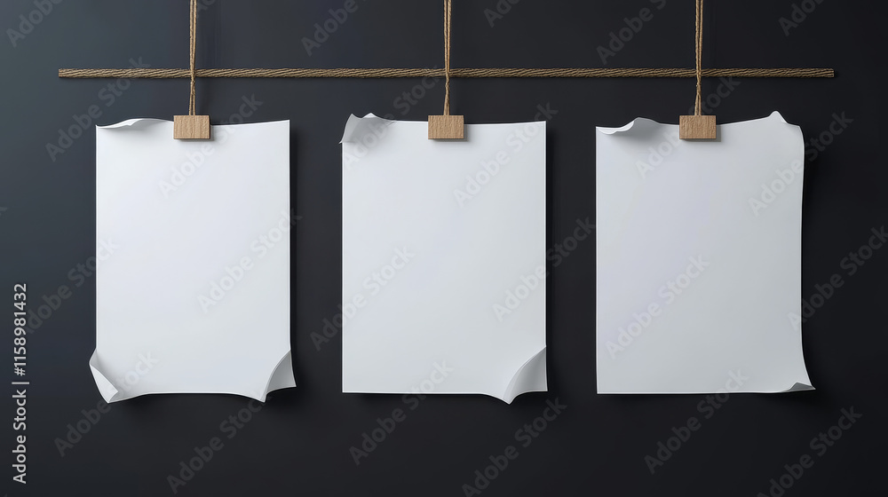 Folded posters hang on rope and pins, white paper blank sheets of ...