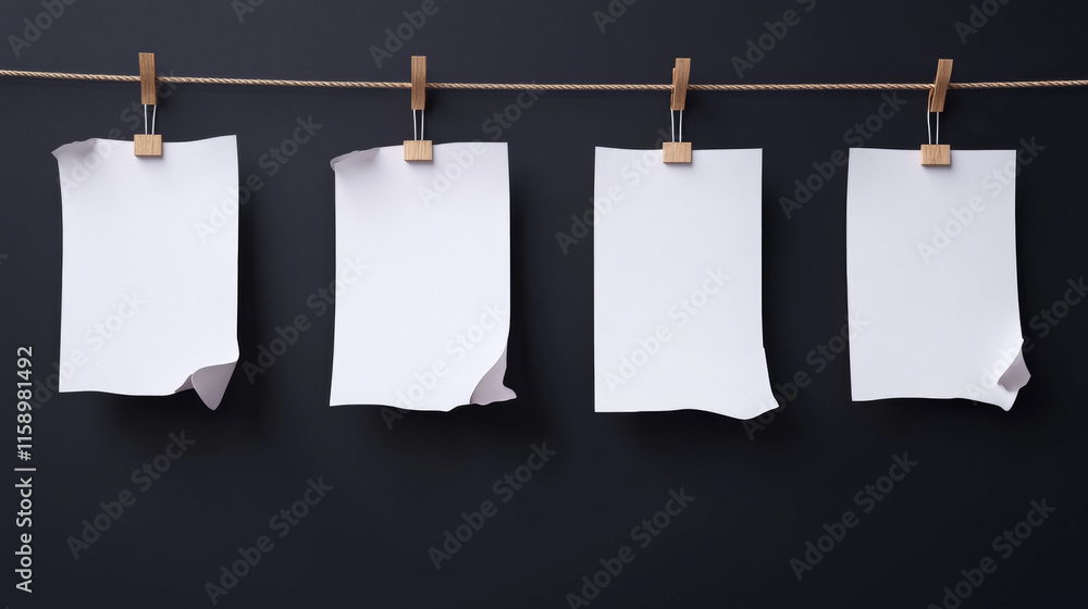 Folded posters hang on rope and pins, white paper blank sheets of ...