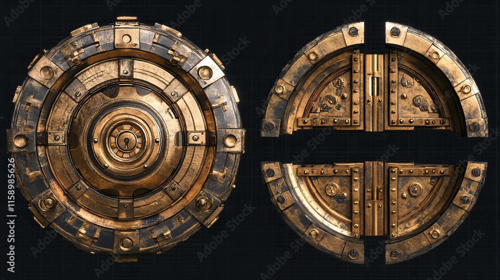 Gold safe door, round bank vault gate with lock. Vector realistic set ...
