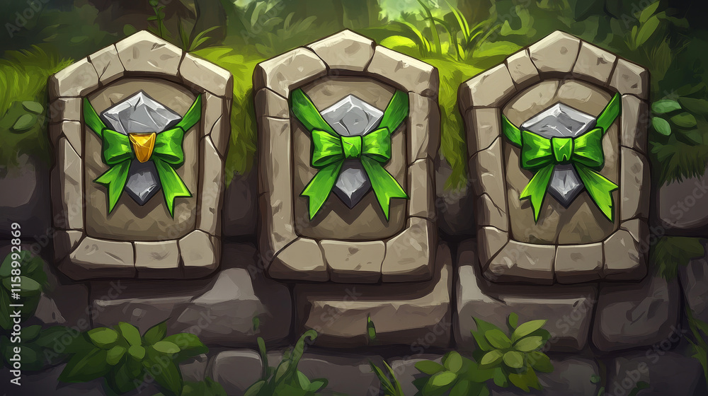 Old badges with level number and experience points for game ui design. Vector cartoon icons of ...