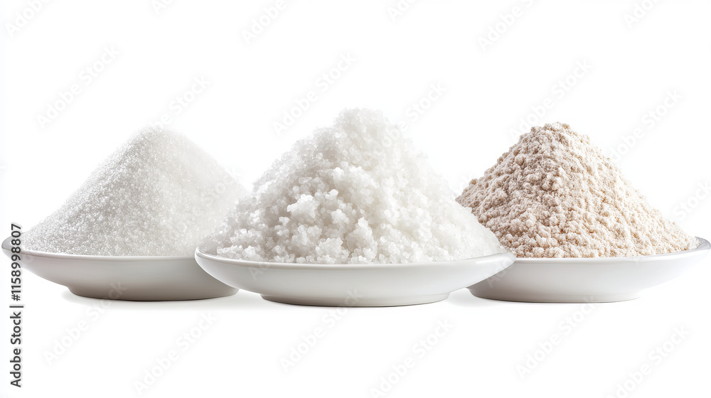 Salt sugar flour set of isolated white powder piles dishes top view ...