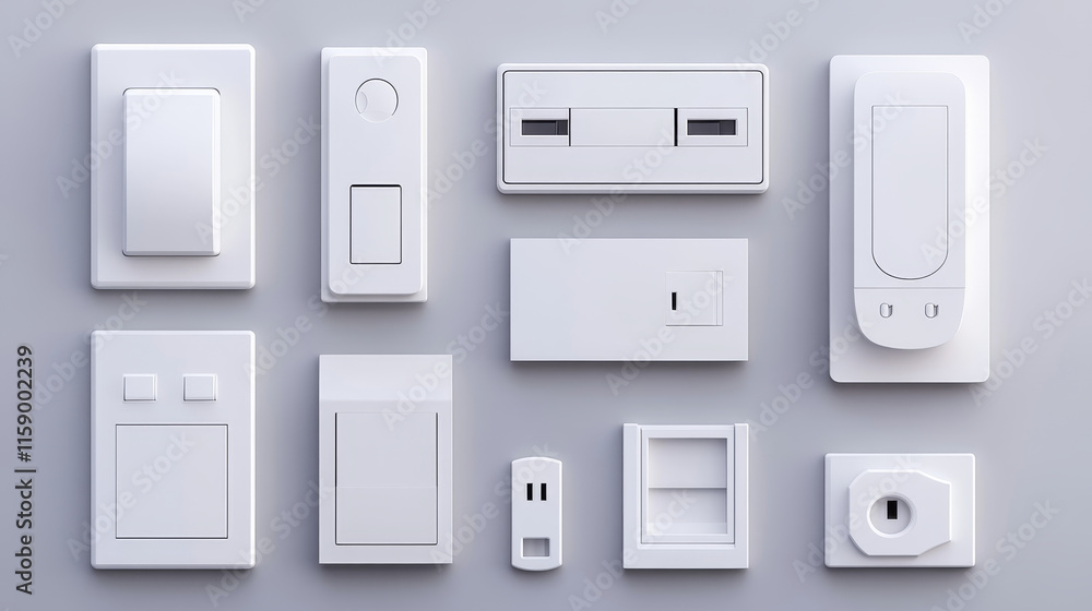 Square rectangular and round white wall switch and sockets. Set of different types of power ...
