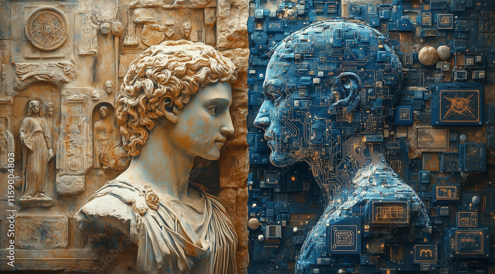 The split scene depicting the evolution of human intelligence from ...