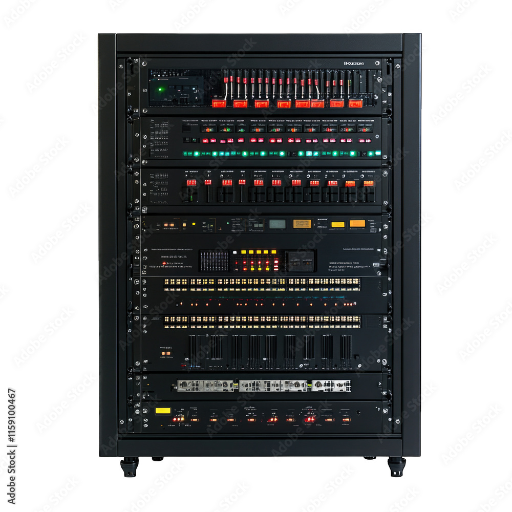Stock-Foto „Custom audio mixing console with multiple input channels and controls isolated on ...