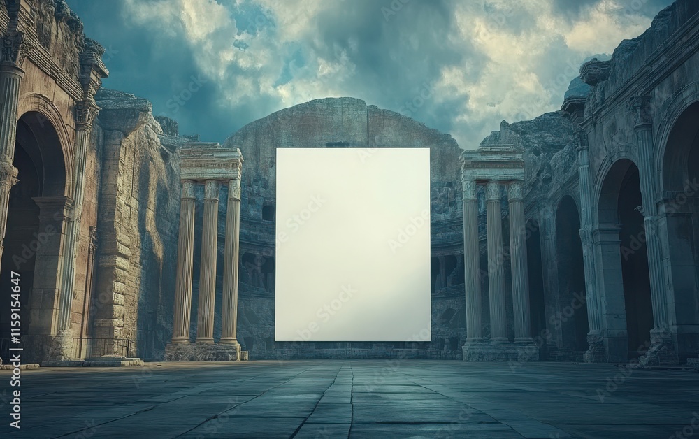 Blank white poster framed in dark oak, set against an image of an ...