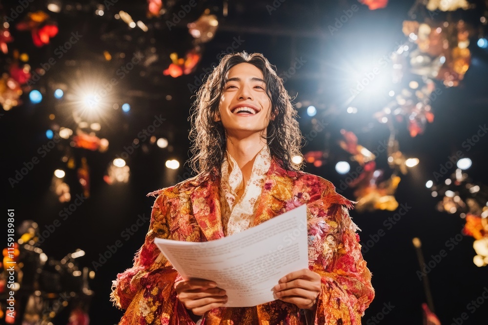 The actor stands tall on a theater stage, holding a script and smiling ...