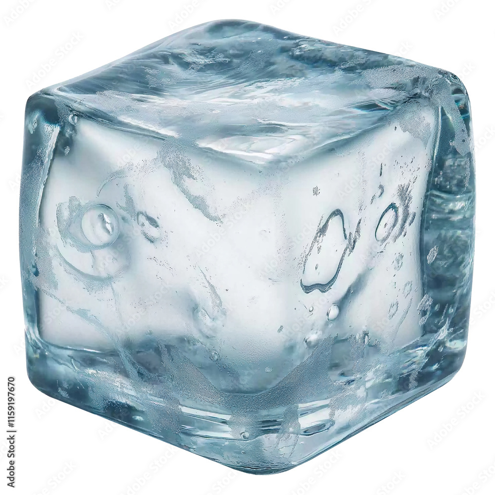 Ice cube melting on transparent background showing air bubbles inside ...