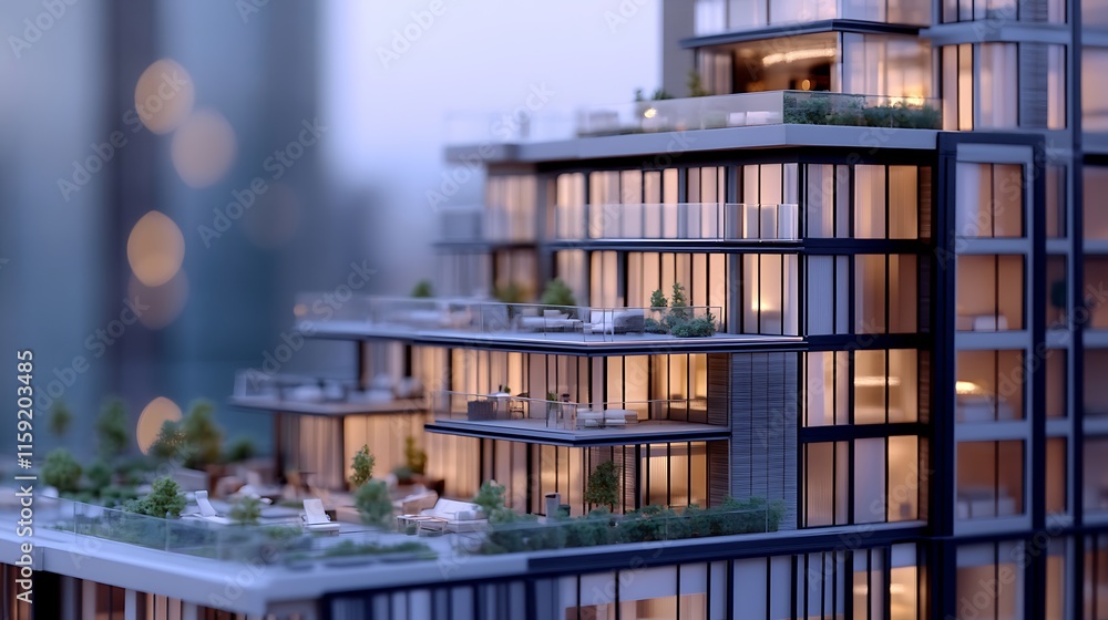 7. Close-up of a condo model with realistic details, including glass ...