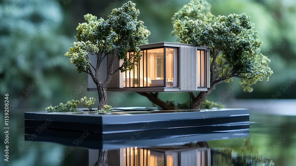 6. A modern tree house model with glass windows and sleek design on a ...