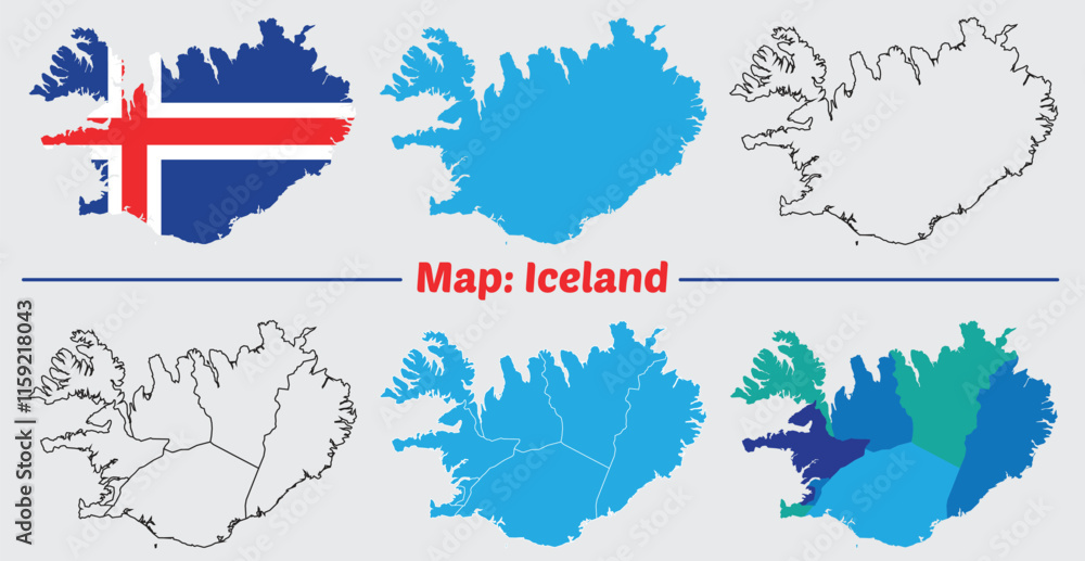 Iceland country map set. internal provinces borders marked, Simple map ...