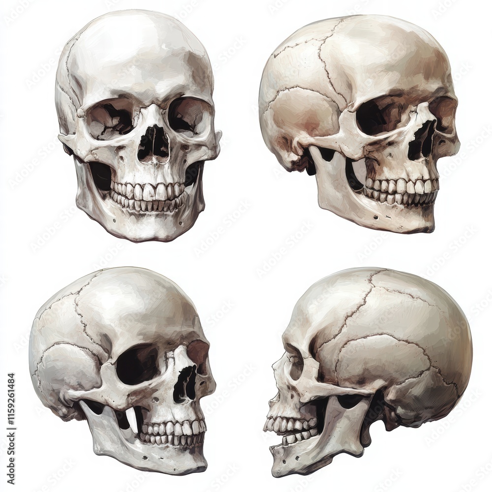 Four detailed illustrations display human skulls from different angles ...