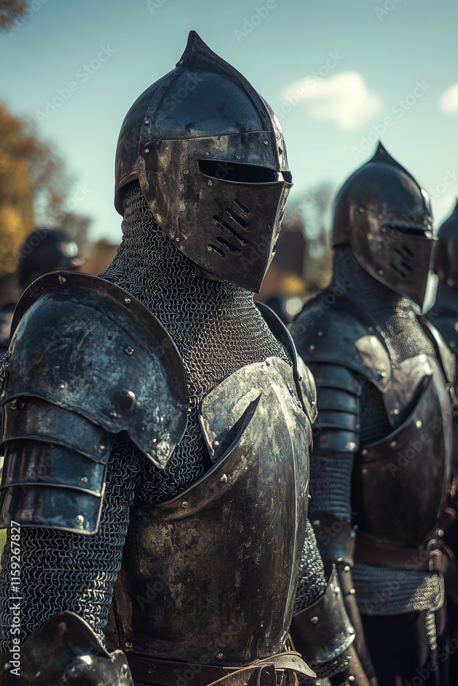 Medieval knight wearing chainmail armor and helmet and other warriors in background. Army of ...