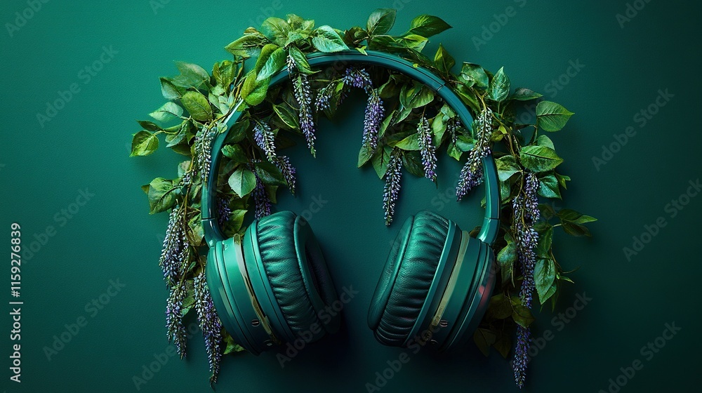 Teal headphones adorned with cascading wisteria and creeping ivy, for a ...