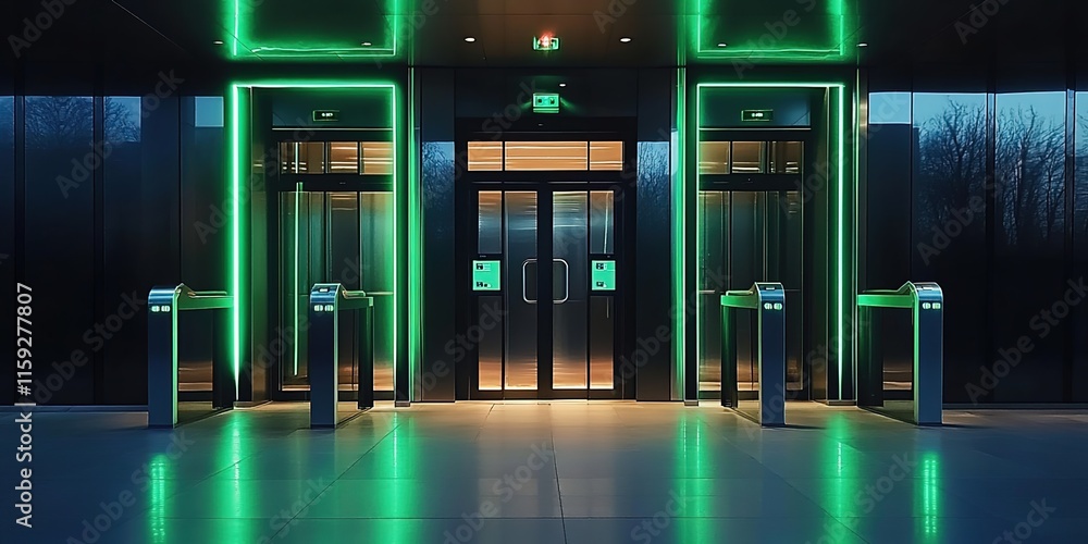 A modern office building entrance with three tall glass doors ...