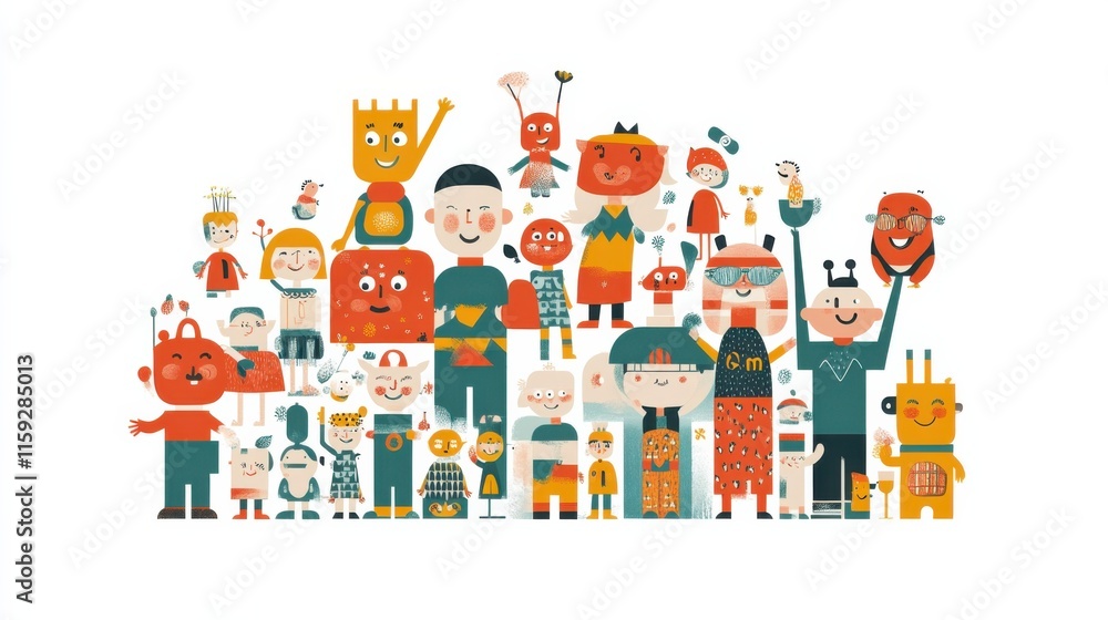 Colorful and cheerful big family icons, illustrated in a modern flat ...