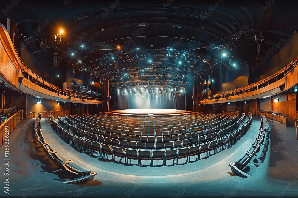 panoramic 3d view of virtual auditorium with tiered seating massive ...