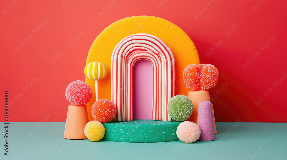 Colorful candy display with vibrant shapes and textures, featuring ...