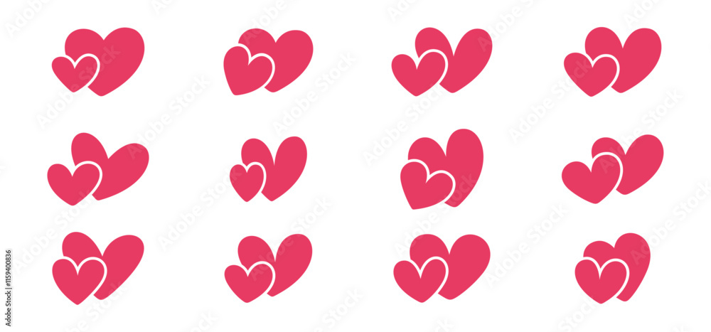 Set of paired pink hearts, stylized hearts of different shapes isolated ...