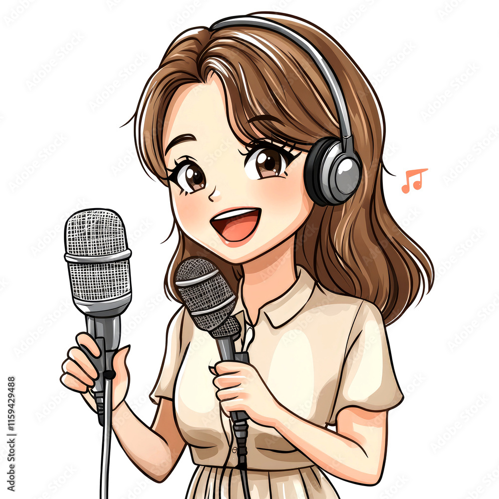 Cartoon girl singing into microphones. Stock Illustration | Adobe Stock
