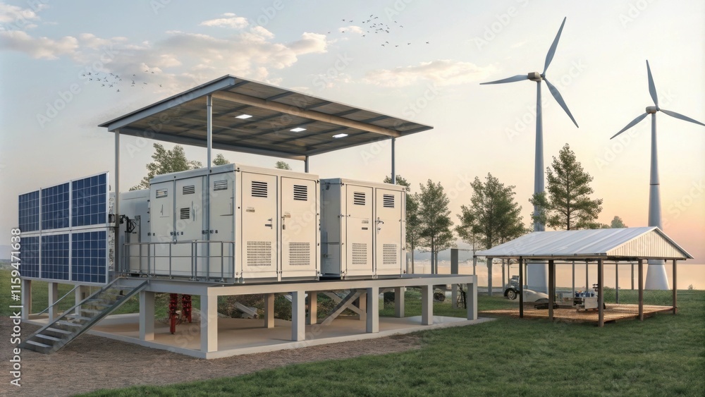 Solar panels and wind turbines powering a microgrid system, delivering ...